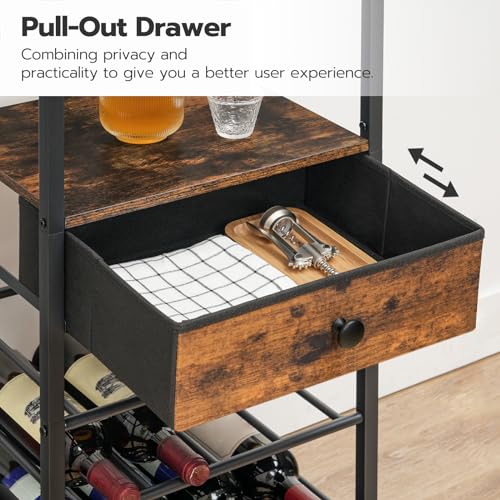 HOOBRO Wine Rack Freestanding Floor, 16-Bottle Wine Storage Rack with Non-Woven Fabric Drawer and Hooks, Wine Rack Table, Bar Cabinet for Kitchen, Dining Room, Bar, Rustic Brown and Black BF10JJ01