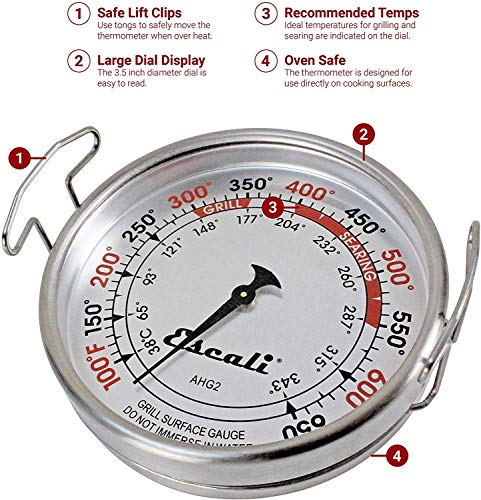 Escali AHG2 Stainless Steel Extra Large Direct Grill Surface Thermometer, Searing Temperature Zones 100-600F Degree Range