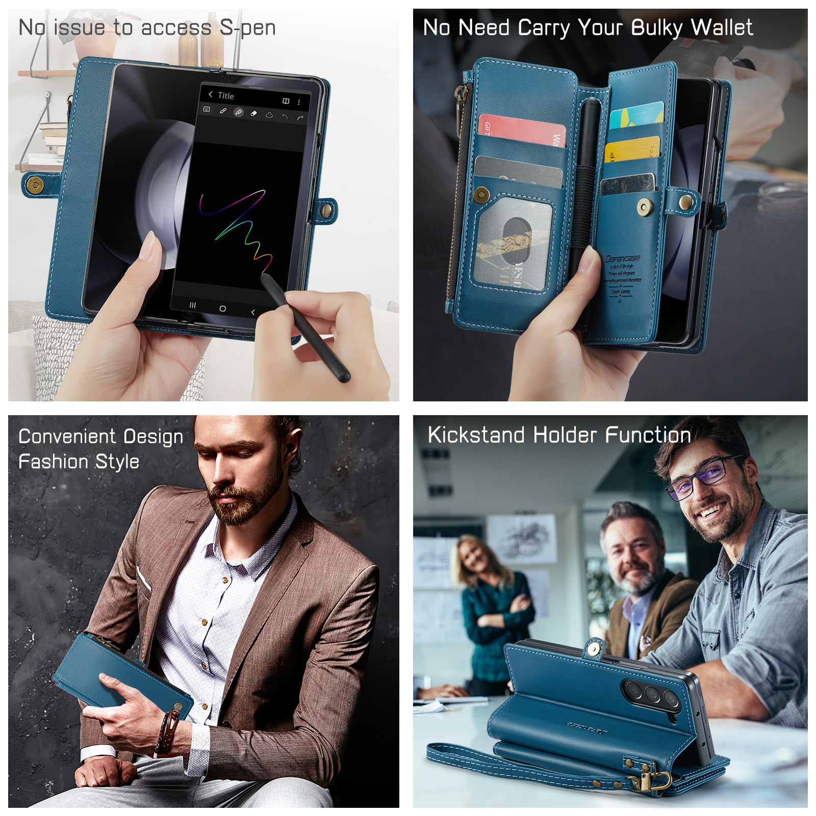 Defencase Wallet Case Compatible with Samsung Galaxy Z Fold 5 with RFID Blocking Card Holder & S Pen Holder PU Leather Magnetic Snap Flip Zipper Strap Phone Case Fit for Galaxy Z Fold 5, Dark Blue