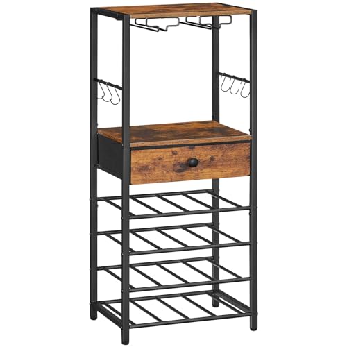 HOOBRO Wine Rack Freestanding Floor, 16-Bottle Wine Storage Rack with Non-Woven Fabric Drawer and Hooks, Wine Rack Table, Bar Cabinet for Kitchen, Dining Room, Bar, Rustic Brown and Black BF10JJ01