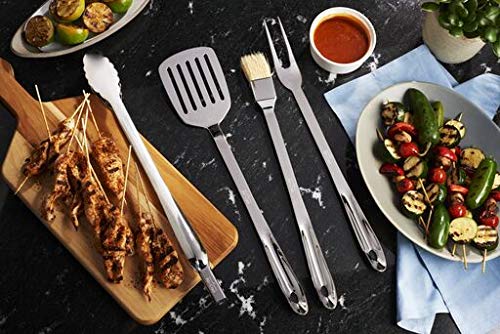 All Clad BBQ Tool Set, Grill Accessories, 4 Pieces: Fork, Brush, Locking Tongs and Turner. Stainless Steel, Silver