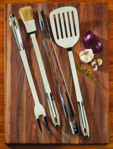 All Clad BBQ Tool Set, Grill Accessories, 4 Pieces: Fork, Brush, Locking Tongs and Turner. Stainless Steel, Silver