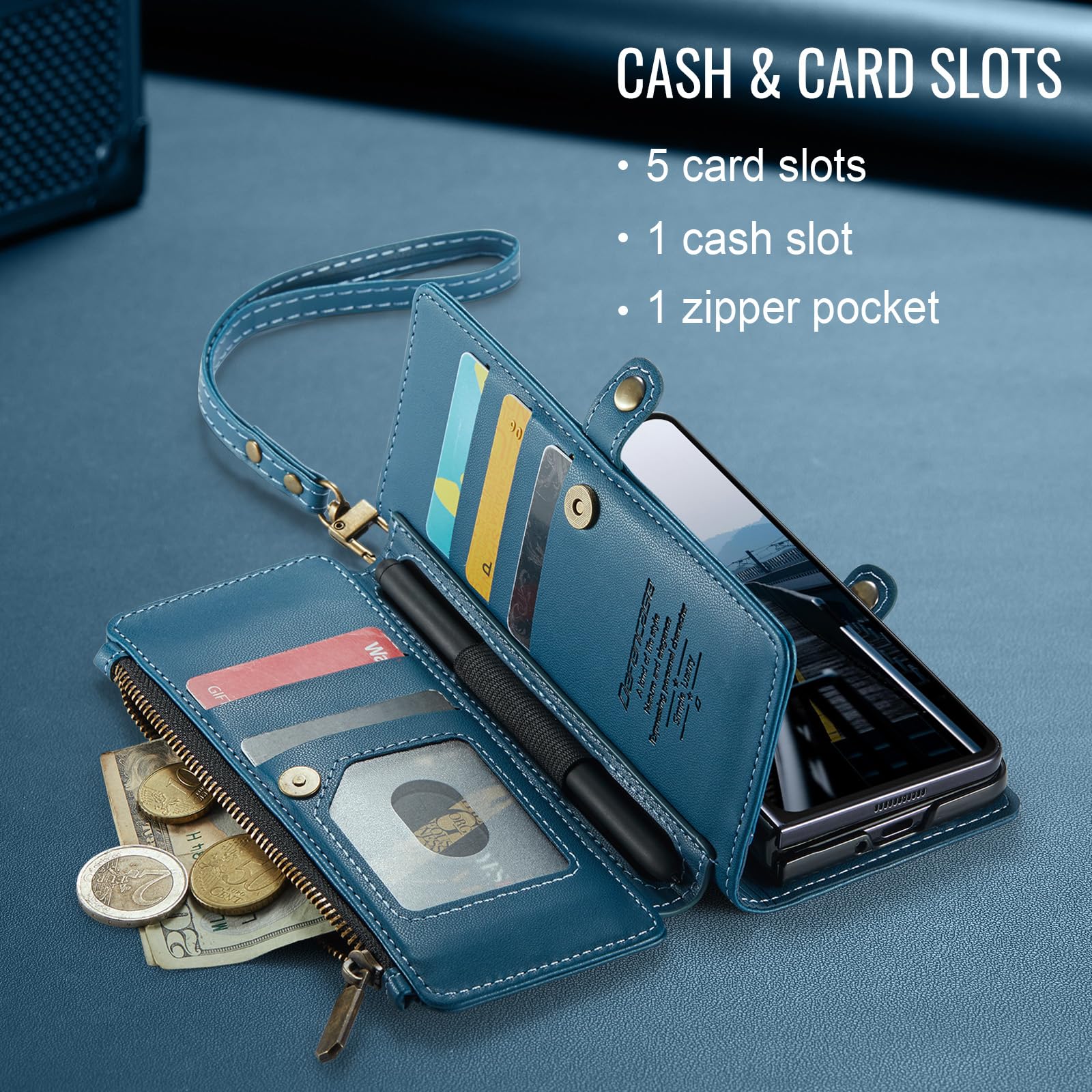 Defencase Wallet Case Compatible with Samsung Galaxy Z Fold 5 with RFID Blocking Card Holder & S Pen Holder PU Leather Magnetic Snap Flip Zipper Strap Phone Case Fit for Galaxy Z Fold 5, Dark Blue