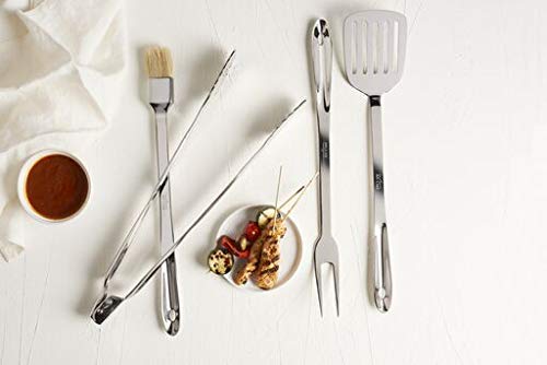 All Clad BBQ Tool Set, Grill Accessories, 4 Pieces: Fork, Brush, Locking Tongs and Turner. Stainless Steel, Silver