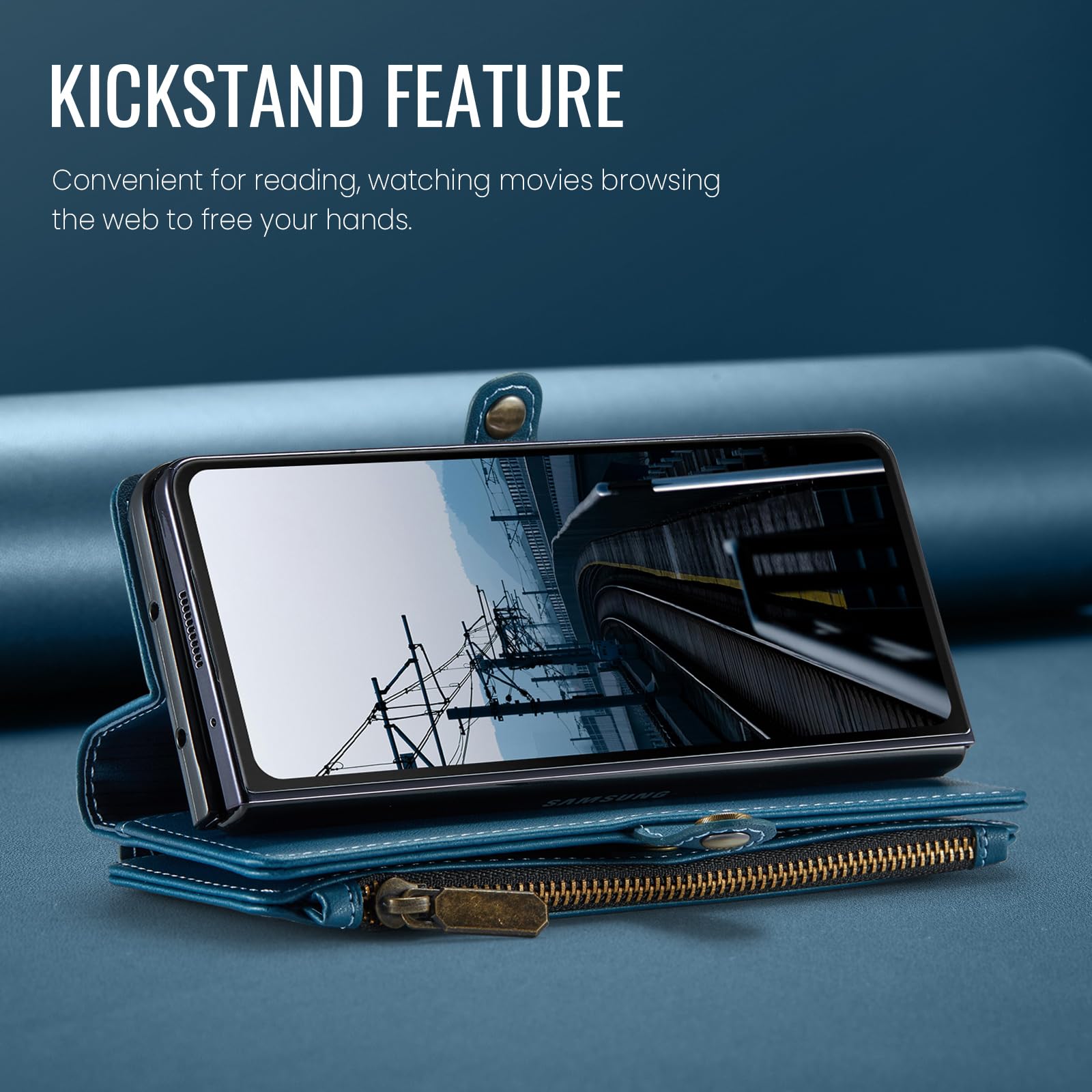 Defencase Wallet Case Compatible with Samsung Galaxy Z Fold 5 with RFID Blocking Card Holder & S Pen Holder PU Leather Magnetic Snap Flip Zipper Strap Phone Case Fit for Galaxy Z Fold 5, Dark Blue