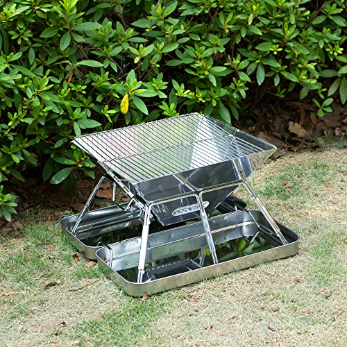 Fltom Portable Charcoal Grill, Folding Stainless Steel Camping Fire Pit, Backpacking Grill for Outdoor Cooking Hiking Camping Picnics