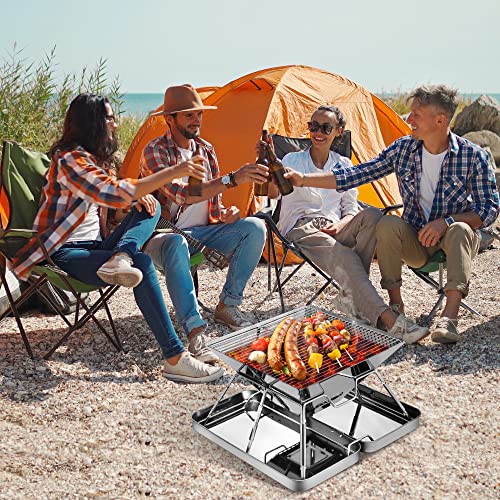 Fltom Portable Charcoal Grill, Folding Stainless Steel Camping Fire Pit, Backpacking Grill for Outdoor Cooking Hiking Camping Picnics