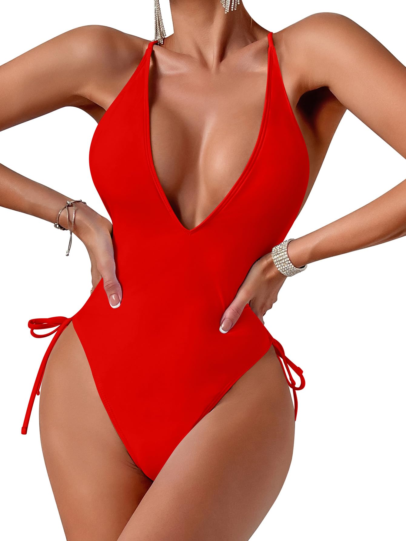 Lilosy Sexy Push Up Plunge Backless Tie Side High Cut Leg Thong Cheeky Brazilian One Piece Bikini Swimsuit Women Open Back Bathing Suit Criss Cross Monokini String Red Medium