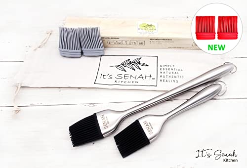 It's Senah | New 7pcs Bundle | 304-Stainless Steel BBQ Grill Basting Brush with 100% Natural, DUST-FREE Cotton Storage Bag, Easy Grip Handle Oil Brush, Anti-Rush Baking, Pastry Cooking Brushes
