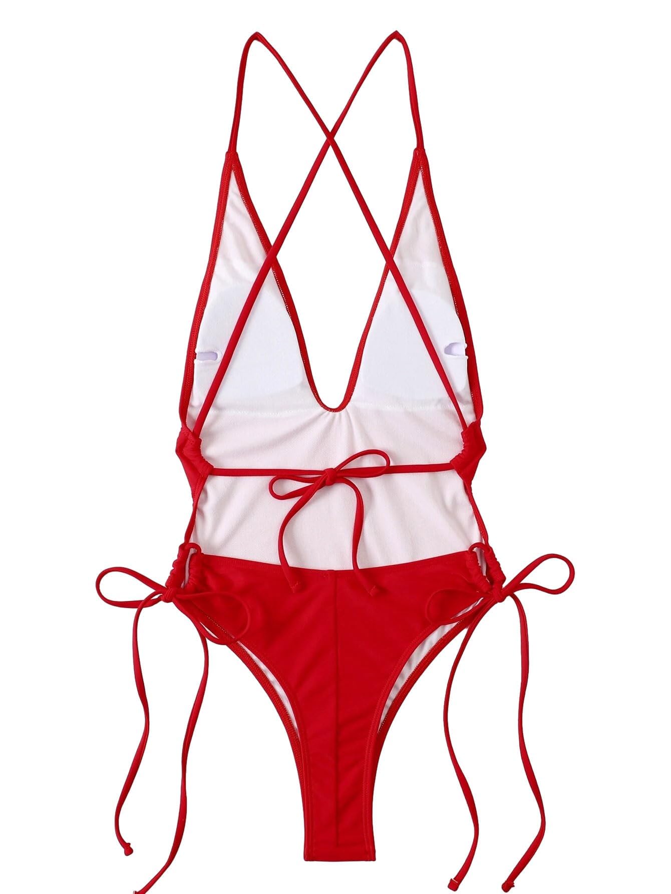 Lilosy Sexy Push Up Plunge Backless Tie Side High Cut Leg Thong Cheeky Brazilian One Piece Bikini Swimsuit Women Open Back Bathing Suit Criss Cross Monokini String Red Medium