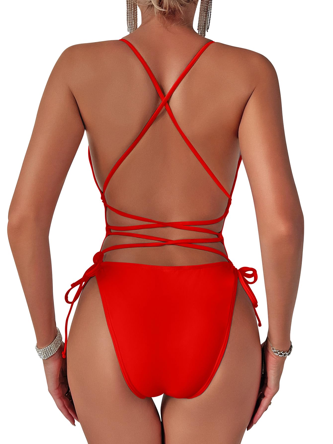 Lilosy Sexy Push Up Plunge Backless Tie Side High Cut Leg Thong Cheeky Brazilian One Piece Bikini Swimsuit Women Open Back Bathing Suit Criss Cross Monokini String Red Medium