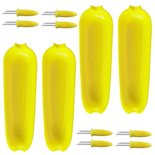 4pcs Corn Cob Holders Corn Holders Corn Skewers Corn Cob Skewer BBQ Twin Prong Holders, and 4 Corn Dishes for Corn on the Cob