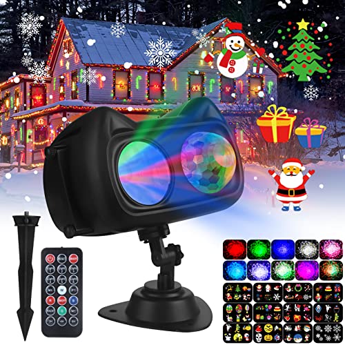 Christmas Projector Lights Outdoor & Indoor,2022 Upgrade Snowflake Projector Light with Remote Control Timer，LED Moving Patterns & Ocean Wave Waterproof for Xmas Birthday Party Holiday Decorations