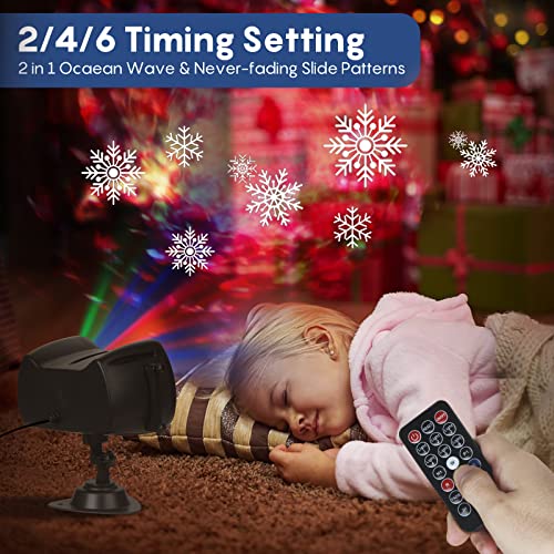Christmas Projector Lights Outdoor & Indoor,2022 Upgrade Snowflake Projector Light with Remote Control Timer,LED Moving Patterns & Ocean Wave Waterproof for Xmas Birthday Party Holiday Decorations