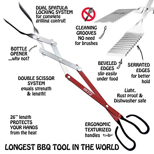 BBQCroc 3 in 1 Barbecue Tool 26-inch - Extra Light and Extra Long Tongs, Spatula and Grill Scraper (Red) β Longest BBQ Tool Ever!
