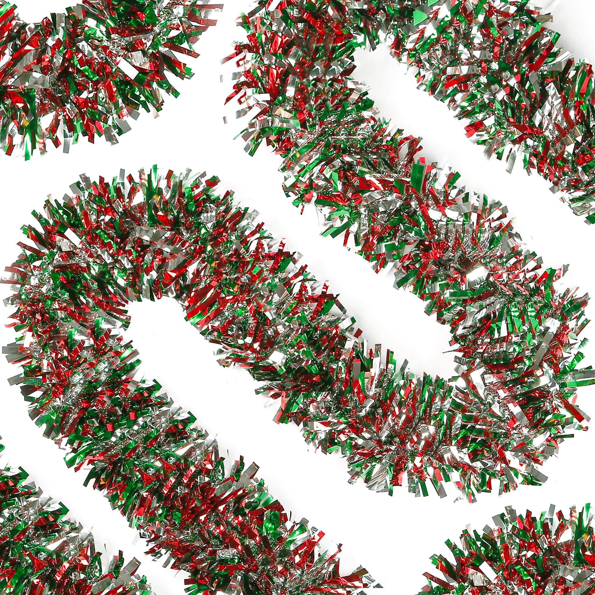 Sggvecsy 49.2Ft Christmas Green Red Silver Tinsel Garland Xmas Tree Decorations Christmas Metallic Twist Garland Ceiling Hanging Decorations for New Year Party Birthday Holiday Indoor Outdoor Supplies