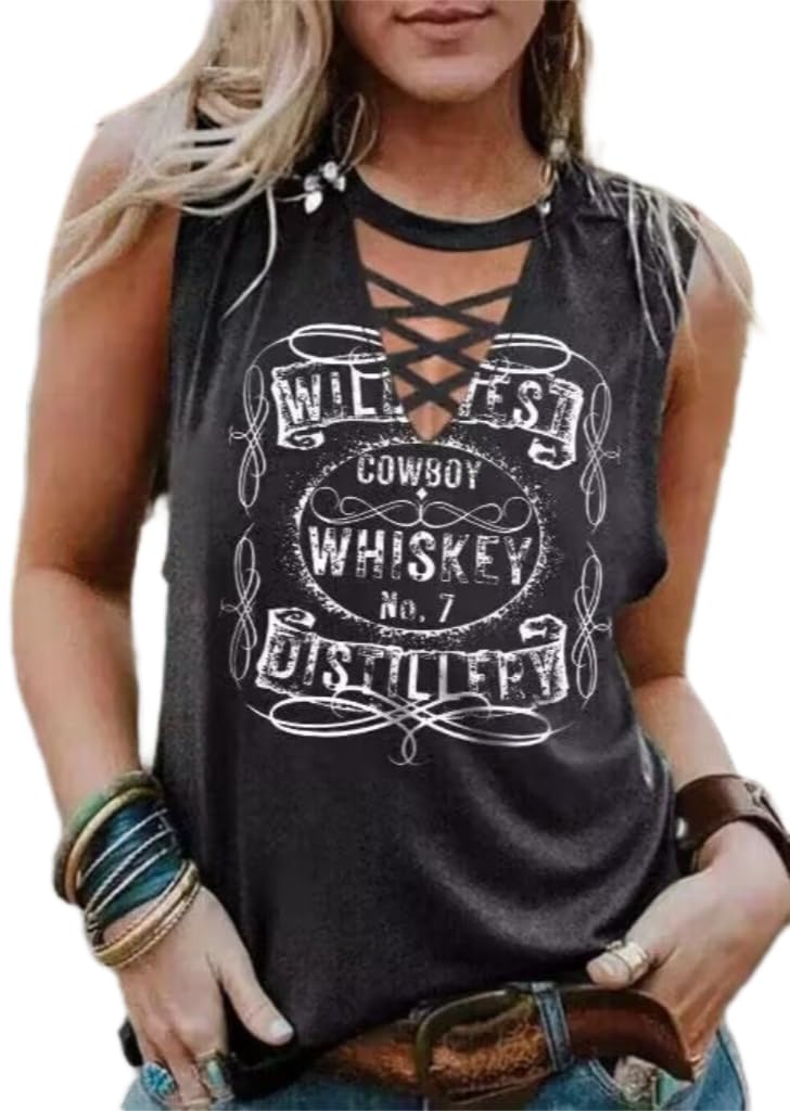 Cowboy Whisky Tank Shirt Women Retro Hollow Out Sleeveless T-Shirt Tops Summer Letter Print Loose Tanks Vest (Gray1, Medium)