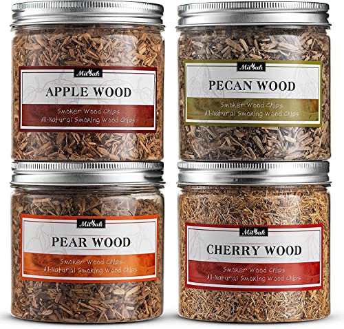 MITBAK Wood Chips for Smoking Gun (Set of 4 -Apple,Cherry, Pecan, Pear) 4 OZ Each Extra Fine Wood Smoking Chips for Handled Cocktail Smoker, Premium Smoker Wood Chips for Drinks, Food