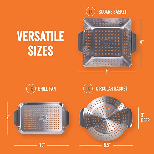 Yukon Glory Grill Basket 3-Piece Mini Grilling Basket Set - Stainless Steel Perforated Grill Baskets for Grilling Veggies Seafood and Meats Includes Grill Pan - Square Basket and Circular Basket