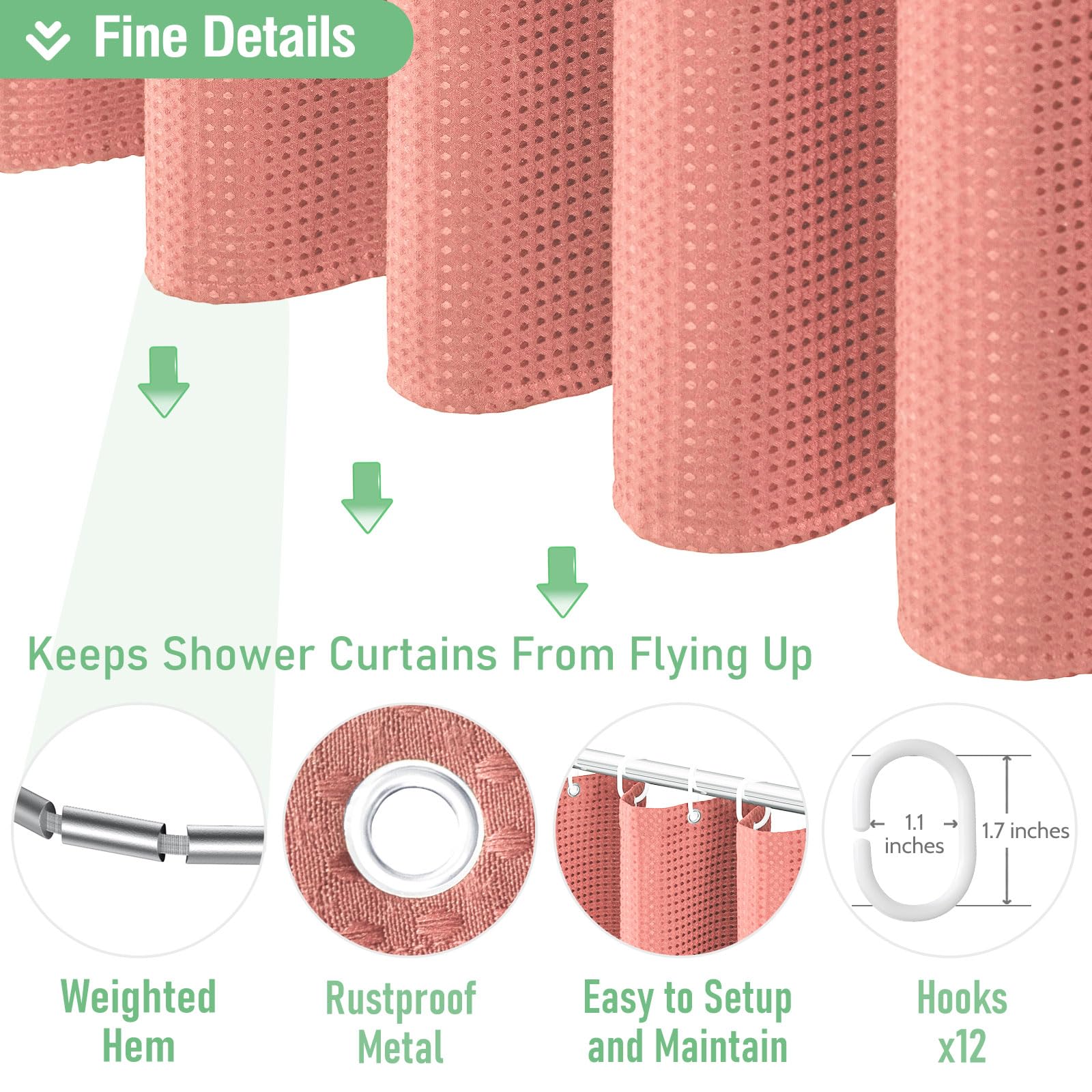 Dynamene Coral Fabric Shower Curtain - Waffle Weave Textured Heavy Duty Cloth Shower Curtains for Bathroom, 256GSM Hotel Luxury Weighted Bath Curtain Set with 12 Hooks,72x72, Coral