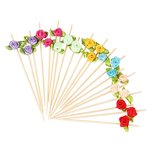 Minisland Multicolor Rose Flower Fancy Toothpicks for Appetizers 4.7 Inch Long Bamboo Cocktail Picks Bridal Shower Wedding Valentines Party Food Fruit Drinks Garnish Skewer Sticks 100 Counts -MSL129