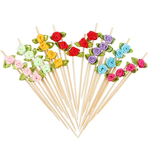 Minisland Multicolor Rose Flower Fancy Toothpicks for Appetizers 4.7 Inch Long Bamboo Cocktail Picks Bridal Shower Wedding Valentines Party Food Fruit Drinks Garnish Skewer Sticks 100 Counts -MSL129