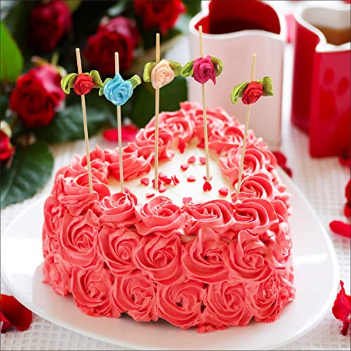 Minisland Multicolor Rose Flower Fancy Toothpicks for Appetizers 4.7 Inch Long Bamboo Cocktail Picks Bridal Shower Wedding Valentines Party Food Fruit Drinks Garnish Skewer Sticks 100 Counts -MSL129
