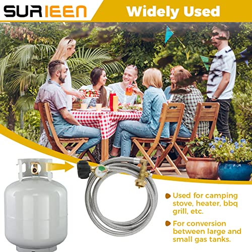 SURIEEN QCC1/Type1 Inlet Propane Refill Adapter Hose, 48" Stainless Braided Extension Propane Refill Hose with Gauge and ON/Off Control Valve for 1LB Propane Gas Tank 350PSI High Pressure Camping