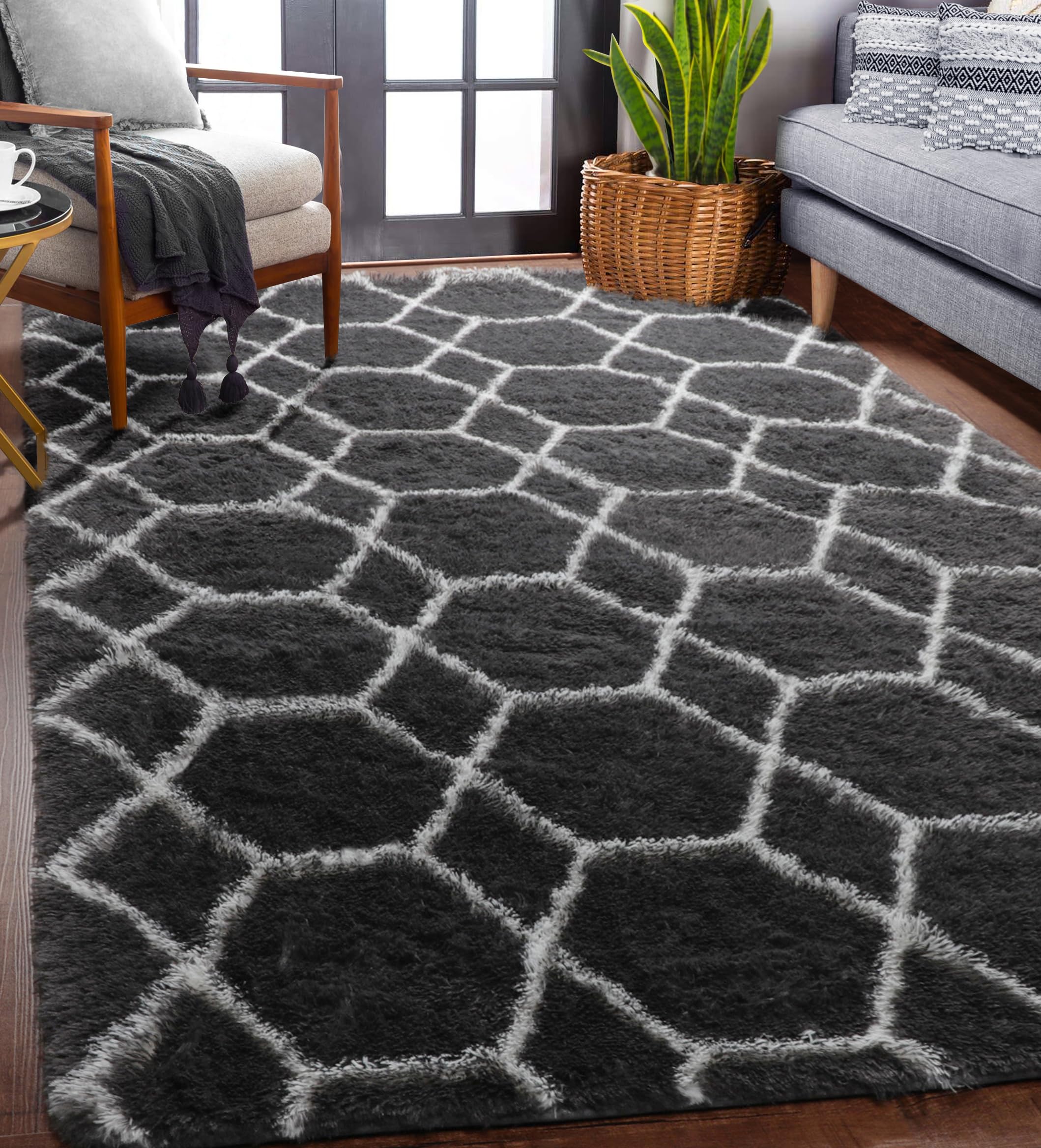 ONASAR Geometric Area Rug 5x7, Dark Grey and White Rugs for Bedroom, Modern Shag Fluffy Rug for Living Room, Classroom, Playroom, Office, Dorm, Kids Nursery, Cool Bedside Rug, Thick Fur Carpet