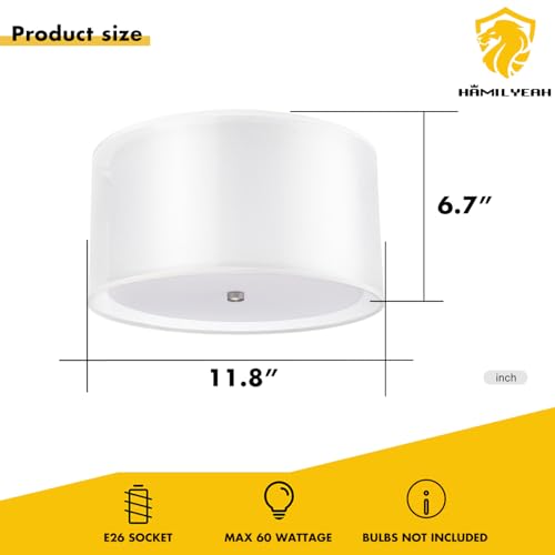 Hamilyeah Modern Drum Ceiling Light Fixture, 12inch Fabric Shade, Flush Mount 2 Bulb, Dimmable, Close to Ceiling, Bathroom Kitchen Bedroom Lighting