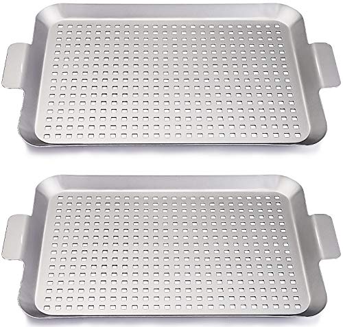 Nicunom 2 Pack BBQ Grilling Pan, Stainless Steel Grill Topper with Handles Non-Stick Barbecue Grill Work Grill Cookware for Meat, Vegetables & Seafood