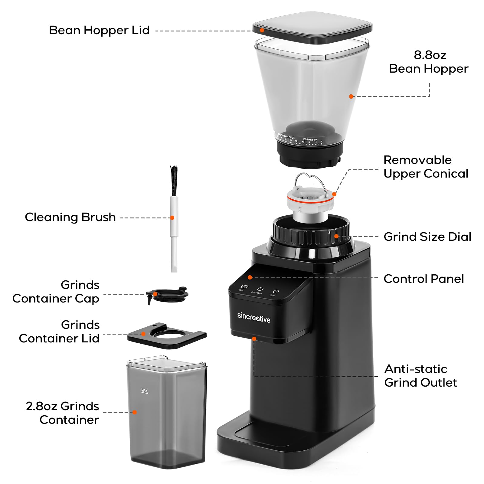 Conical Burr Coffee Grinder, Anti-static Electric Coffee Bean Grinder with 48 Grind Settings, Large Touchscreen Automatic Espresso Grinder for Espresso, Drip Coffee and French Press, Gift for Friend
