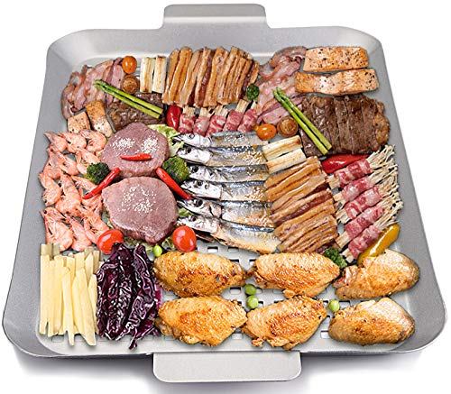 Nicunom 2 Pack BBQ Grilling Pan, Stainless Steel Grill Topper with Handles Non-Stick Barbecue Grill Work Grill Cookware for Meat, Vegetables & Seafood