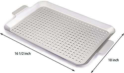 Nicunom 2 Pack BBQ Grilling Pan, Stainless Steel Grill Topper with Handles Non-Stick Barbecue Grill Work Grill Cookware for Meat, Vegetables & Seafood