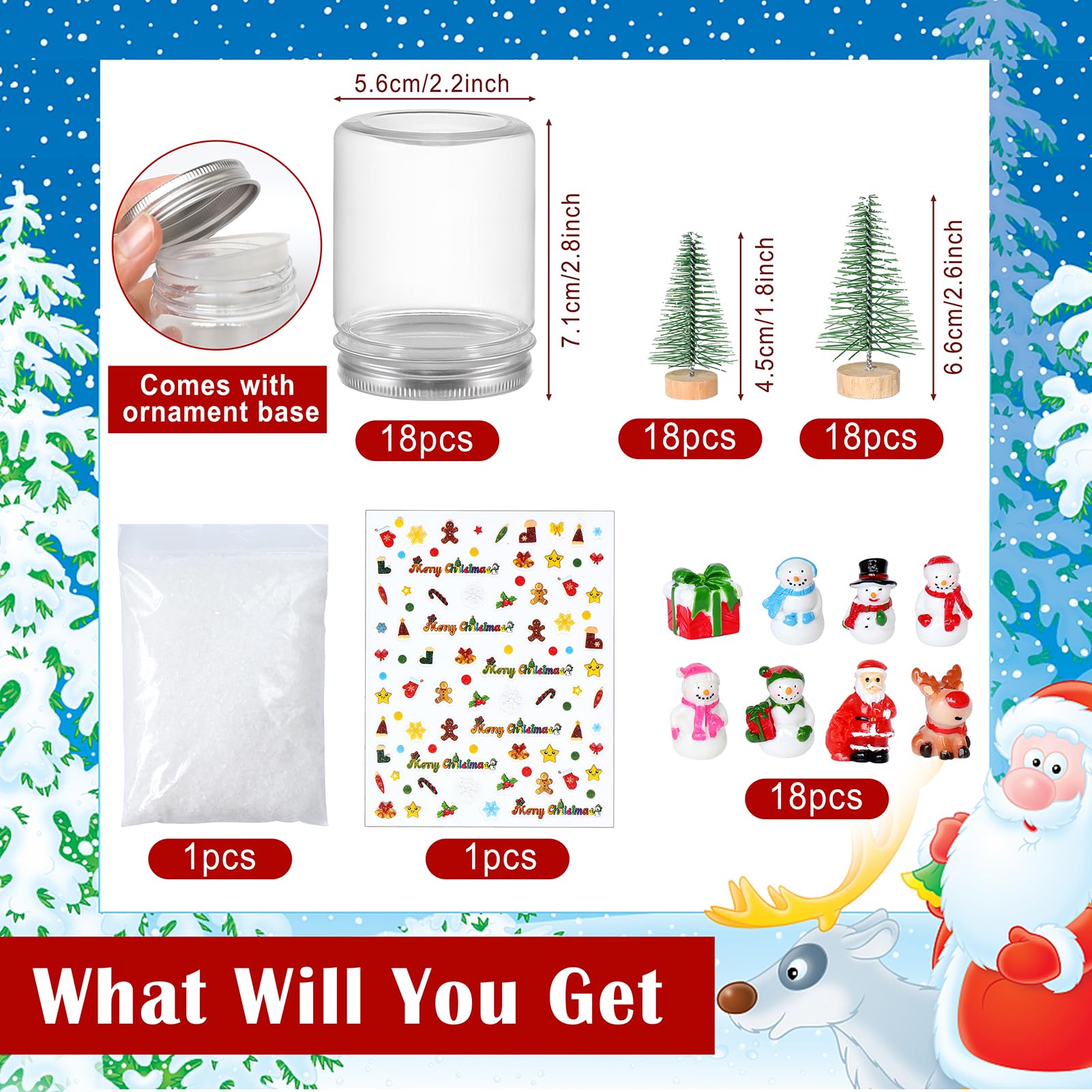 18 Pack Christmas Plastic Snow Globes Kit Includes 18 Clear Snow Globe, 36 Mini Xmas Trees, 18 Christmas fillable Ornaments, 1 Christmas Sticker with Artificial Snow for DIY Crafts Home Winter Decor