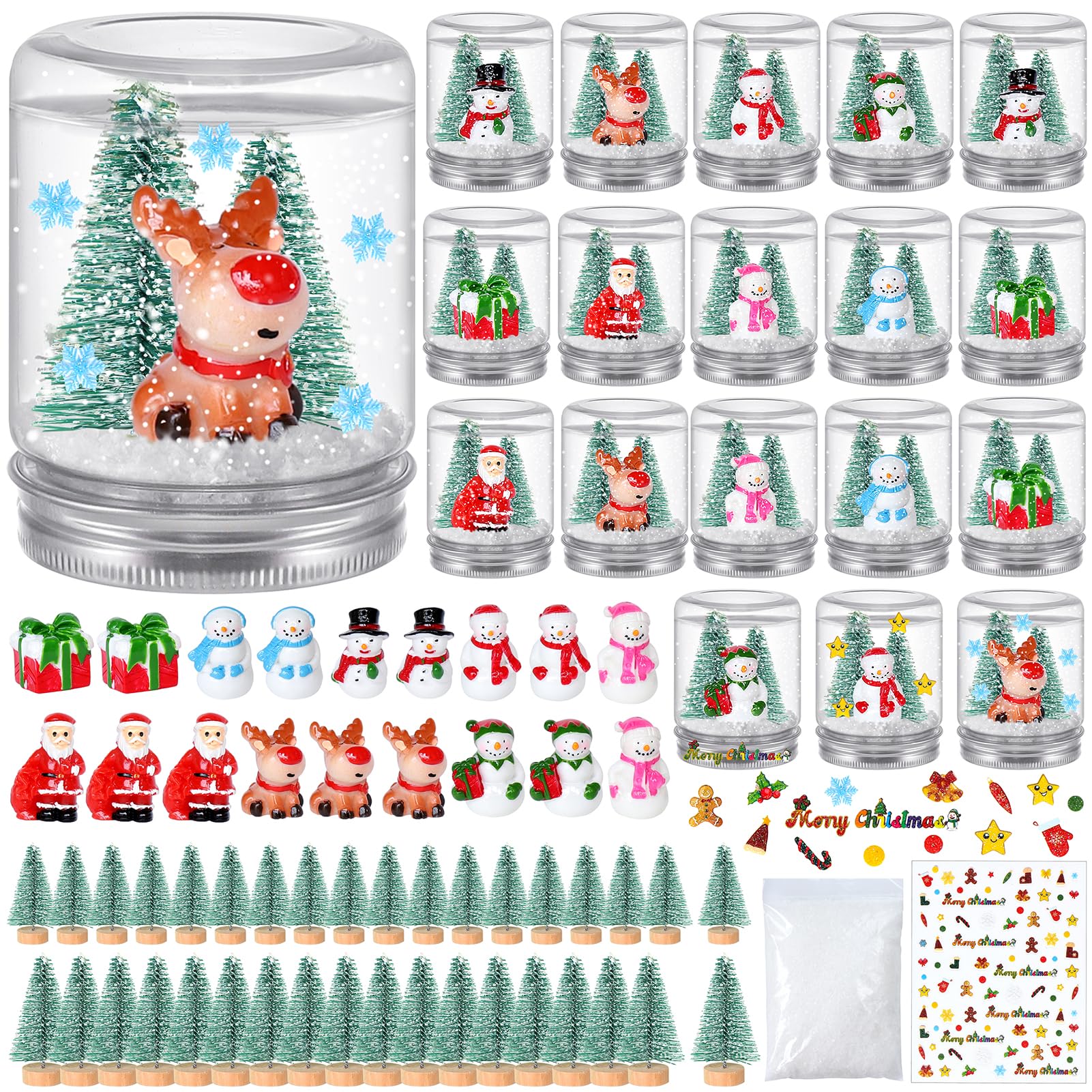18 Pack Christmas Plastic Snow Globes Kit Includes 18 Clear Snow Globe, 36 Mini Xmas Trees, 18 Christmas fillable Ornaments, 1 Christmas Sticker with Artificial Snow for DIY Crafts Home Winter Decor