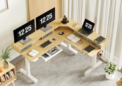 INNOVAR Triple Motor L Shaped Standing Desk with Drawers, Solid Wood Adjustable Corner Stand Up Desk, 63" Electric Standing Desk for Home Office, White Frame/Nature Top