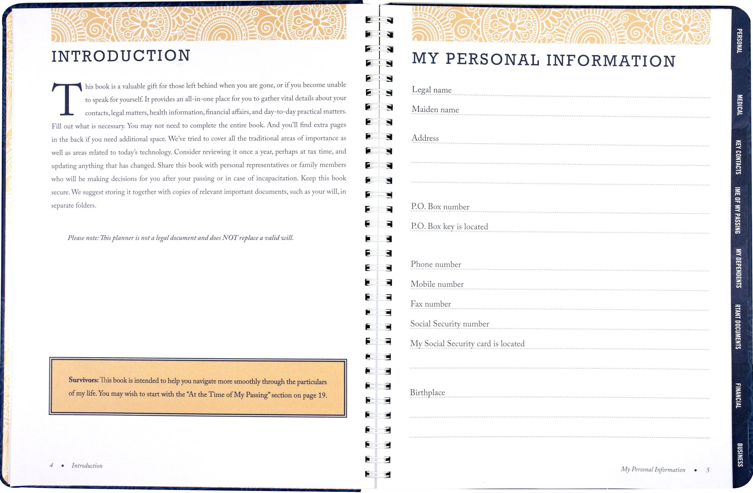 Peace of Mind Planner: Important Information about My Belongings, Business Affairs, and Wishes