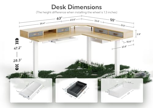 INNOVAR Triple Motor L Shaped Standing Desk with Drawers, Solid Wood Adjustable Corner Stand Up Desk, 63" Electric Standing Desk for Home Office, White Frame/Nature Top