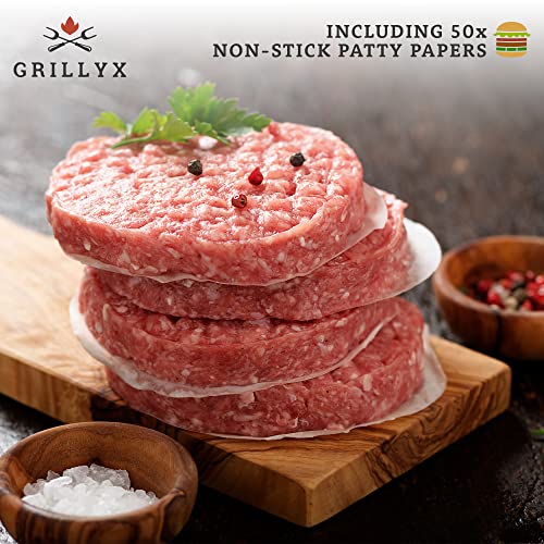 Grillyx Cast Iron Burger Press with Birchwood Handle - (ø7) - Smash Burger Press - Hamburger Press Incl. 50 Sheets of Burger Press Patty Maker Paper