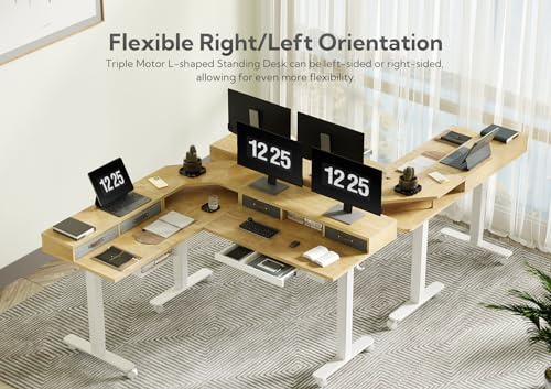 INNOVAR Triple Motor L Shaped Standing Desk with Drawers, Solid Wood Adjustable Corner Stand Up Desk, 63" Electric Standing Desk for Home Office, White Frame/Nature Top