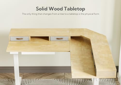 INNOVAR Triple Motor L Shaped Standing Desk with Drawers, Solid Wood Adjustable Corner Stand Up Desk, 63" Electric Standing Desk for Home Office, White Frame/Nature Top