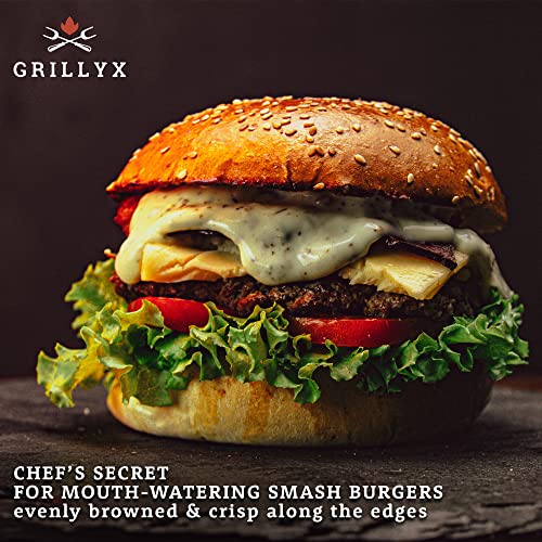 Grillyx Cast Iron Burger Press with Birchwood Handle - (ø7) - Smash Burger Press - Hamburger Press Incl. 50 Sheets of Burger Press Patty Maker Paper
