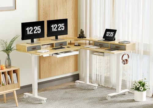 INNOVAR Triple Motor L Shaped Standing Desk with Drawers, Solid Wood Adjustable Corner Stand Up Desk, 63" Electric Standing Desk for Home Office, White Frame/Nature Top