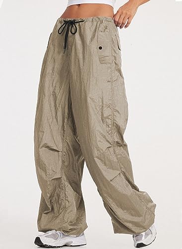 SySea Women's Wide Leg Parachute Pants Loose Drawstring Y2K Cargo Pants with Pockets Khaki