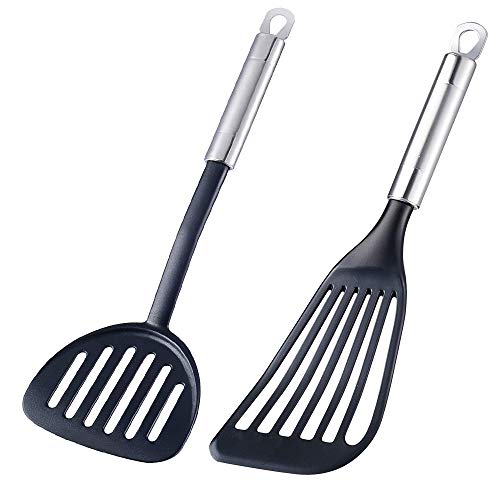 2Pack Nylon Fish Spatula, KSENDALO Slotted Egg Spatula with Stainless Steel Hollow Handle for Frying Flipping, Turning