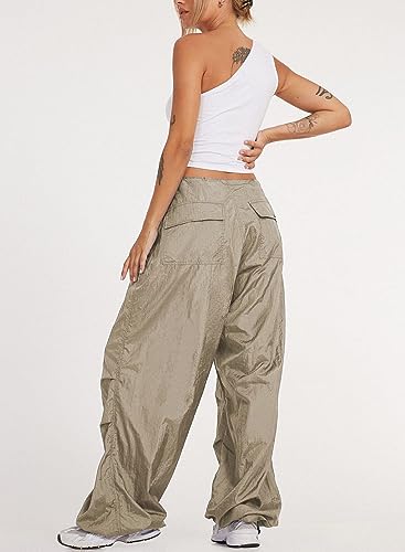 SySea Women's Wide Leg Parachute Pants Loose Drawstring Y2K Cargo Pants with Pockets Khaki