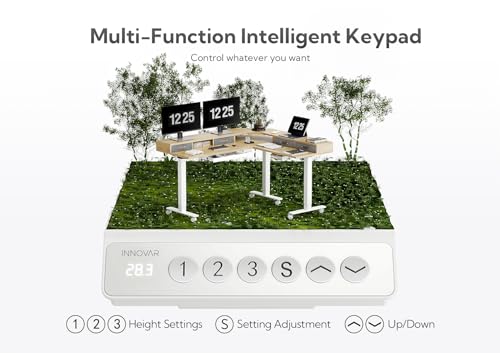 INNOVAR Triple Motor L Shaped Standing Desk with Drawers, Solid Wood Adjustable Corner Stand Up Desk, 63" Electric Standing Desk for Home Office, White Frame/Nature Top