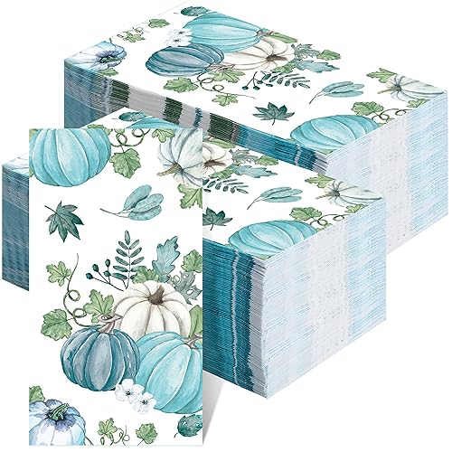 Qilery 200Pcs Thanksgiving Blue Pumpkins Napkins 3 Ply Fall Dinner Paper Guest Napkins Autumn Disposable Paper Napkins Hand Towels for Kitchen Thanksgiving Harvest Farmhouse Party or Event (Rectangle)