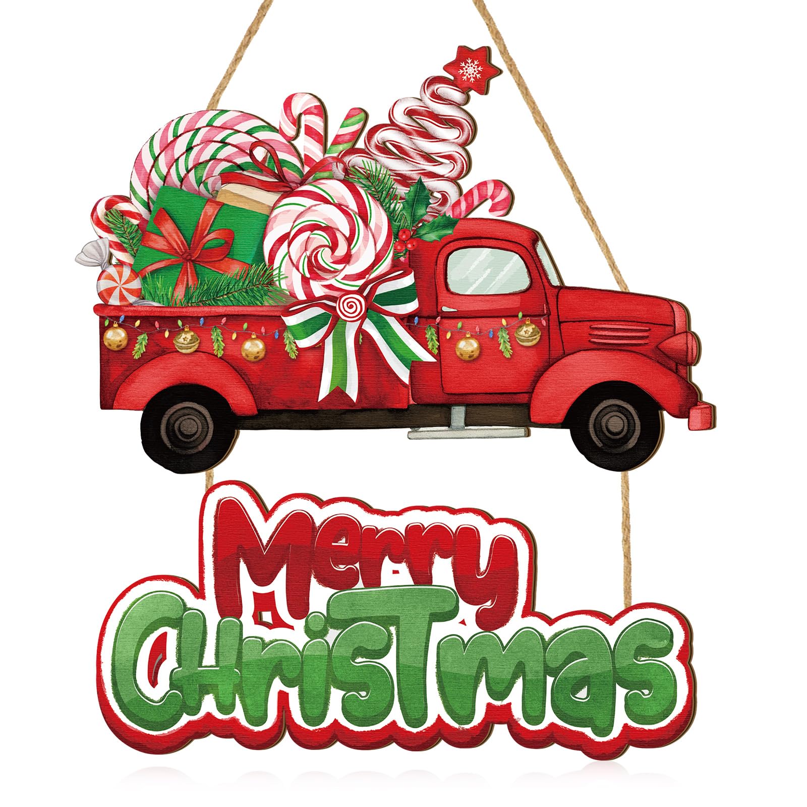 Barydat Christmas Truck Decor Christmas Door Decor for Front Door Red Truck Christmas Decor Merry Christmas Plaque Wooden Hanging Wreath Welcome Sign for Outdoor Yard Farmhouse Home Wall Door Window
